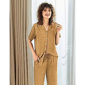 Ekouaer Womens Satin Pj Silk Pajama Comfy Classic Satin Pajamas Button Down Lounge Sets V-neck Pajamas with 2 Pockets Light Brown Leopard Print Large