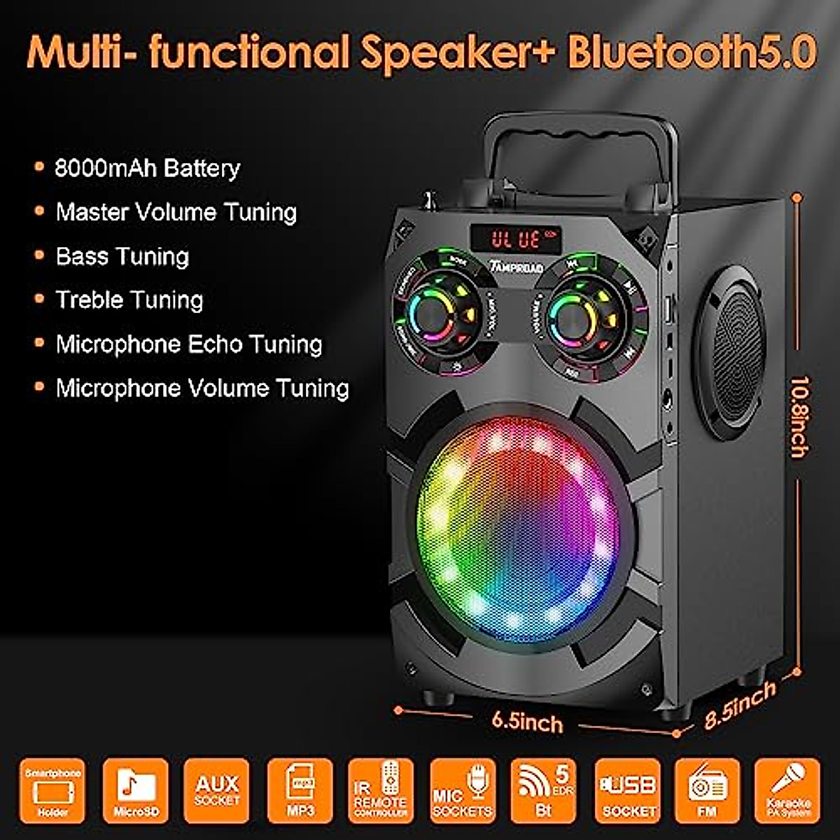Portable Loud Bluetooth Speakers with Subwoofer, 80W Peak Powerful Large boombox Bluetooth Wireless with Stereo Sound, FM Radio, EQ, Remote, LED Lights, for Home Outdoor Party Holiday Birthday Gifts