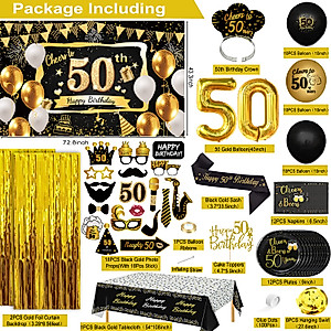 50th Birthday Decorations for Men Women,90 PCS Black Gold 50th and Fabulous Birthday Decorations,Including 50th Birthday Banner Backdrop,Crown,Balloons,Plates, Photo Props, Sash,50th Birthday Gifts