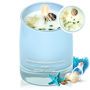 AROZEN Ocean Beach Scented Candles Gifts for Women, Aromatherapy Soy Fall Candles for Home Scented, 10oz Sea Candles with Healing Crystal Inside, Christmas Birthday Gifts Candle for Women Mom Decor