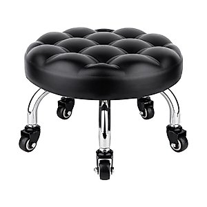 OBMMIRAO Pedicure Stool Low Roller Seat Wheel Stool,Swivel Stool Round Stool with Wheels, Black Low Chair with Wheels,PU Leather (Black StyleB)