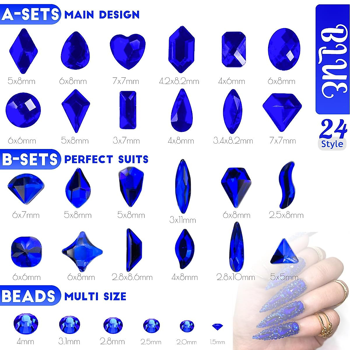 4 Boxes Blue Nail Rhinestones Glitters Kit, 24 Shapes K9 Glass Royal Blue Gems Flatback Round Gems Stones Diamonds Crystals Sapphire Nail Art Supplies Nail Charms for Acrylic Nails Faces Body Crafts