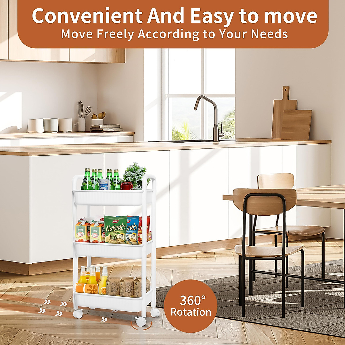 YSSOA Rolling Storage Cart, 3 Tier Slim Mobile Shelving Unit 360° Rotating Wheel Lockable Utility Cart, Ideal for Office, Kitchen, Bathroom, Laundry and Narrow Spaces, White