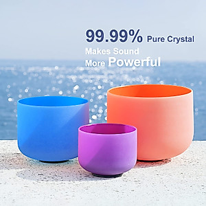 CVNC Set of 3 PCS Colored 6" B Note 8" G Note 10" D Note Frosted Quartz Crystal singing bowl For Sound Healing Meditation