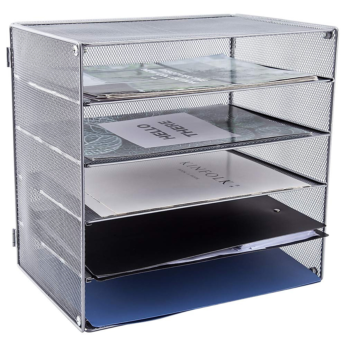 EASEPRES 5 Slot Mesh Desk Organizer Tray, File Paper Letter Folder Holder Desktop Paper Sorter Mail Organization Rack Storage Accessories, for Office Home School Classroom, Silver