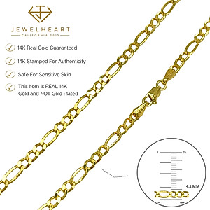 JEWELHEART 14K Real Gold Figaro Chain - 4.1mm Diamond Cut Cuban Link Figaro Necklace For Men - Dainty Yellow Gold Pendant Necklace For Women with Lobster Clasp 20"