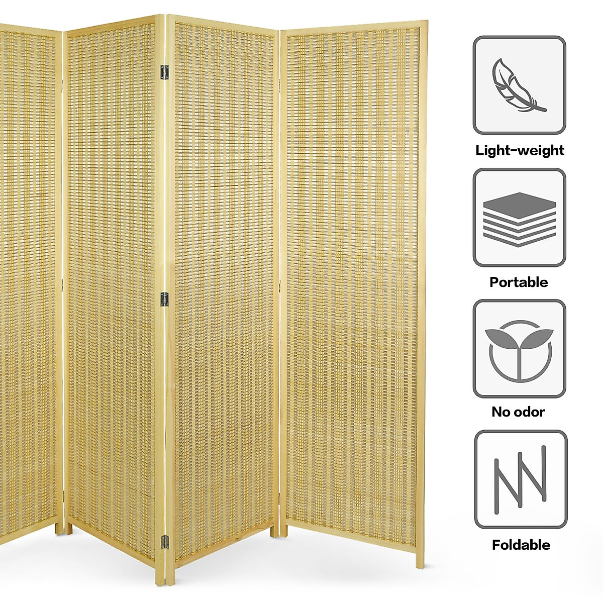 ECOMEX Room Divider 4 Panel Woven Bamboo Screen, Room Divider and Folding Privacy Screens, Freestanding Hand-Woven Room Partitions for Bedroom, Bamboo