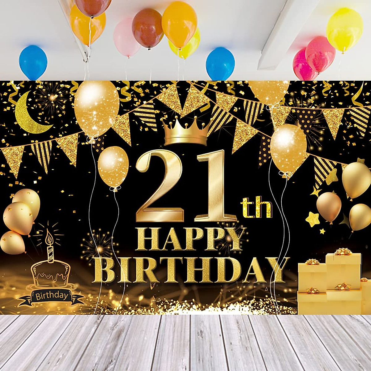Happy 21th Birthday Backdrop Banner Black Gold 21th Sign Poster 21 Birthday Party Supplies for Anniversary Photo Booth Photography Background Birthday Party Decorations, 72.8 x 43.3 Inch