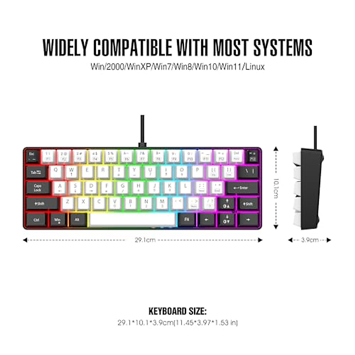 CTBTBESE 60% Wired Gaming Keyboard, RGB Backlit Mini Keyboard, Waterproof Small Ultra-Compact 61 Keys Keyboard for PC/Mac Gamer, Typist, Travel, Easy to Carry on Business Trip(Black-White)