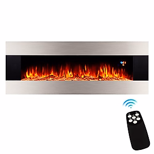 AMERLIFE 50" Wall Mount Electric Fireplace with Remote Control, Floating Fireplace Heater with Adjustable Flame Colors & Heater, Top-Vent, Low Noise, 750W/1500W, Stainless Steel Frame, Black