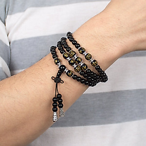 PWMENLK 6mm 108 Mala Beads Bracelet Meditation Necklace Obsidian Beaded Prayer Buddhist Necklace for Healing Stone Agate Tiger Eye Jewelry for Men and Women(om mani padme hum)