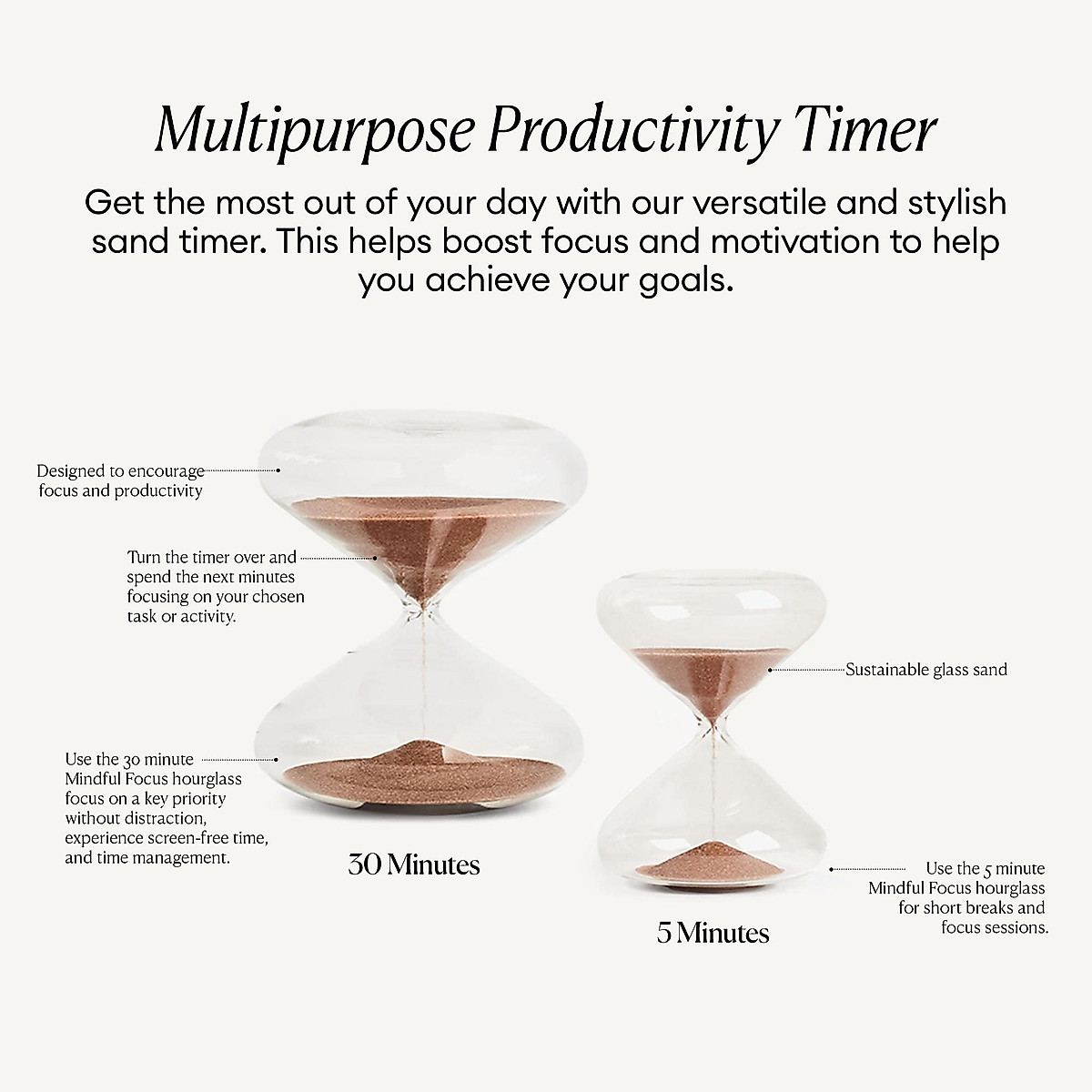 Mindful Focus 30-Minute Hourglass Sand Timer, Desk Timer for Productivity and Time Management, Minimalist Hourglass Timer, Hour Glasses Decorative Gifts, 3.3 (L) x 2.9 (W) inches - Intelligent Change