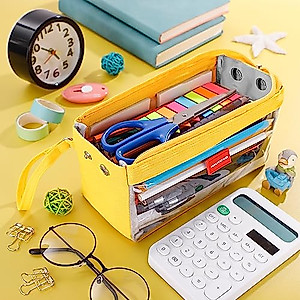 HAUTOCO Big Capacity Pencil Pen Case Large Pencil Pouch Clear Pen Bag, Portable Pencil Box with Handle Stationery Organizer Holder for College Teens Girls Back to School Supplies, Yellow