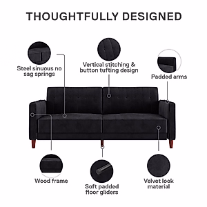 DHP Ivana 82 Inch Futon Sofa Bed in Velvet Fabric, Upholstered Couch Sleeper with Tufted Back, Mid-Century Modern, Black