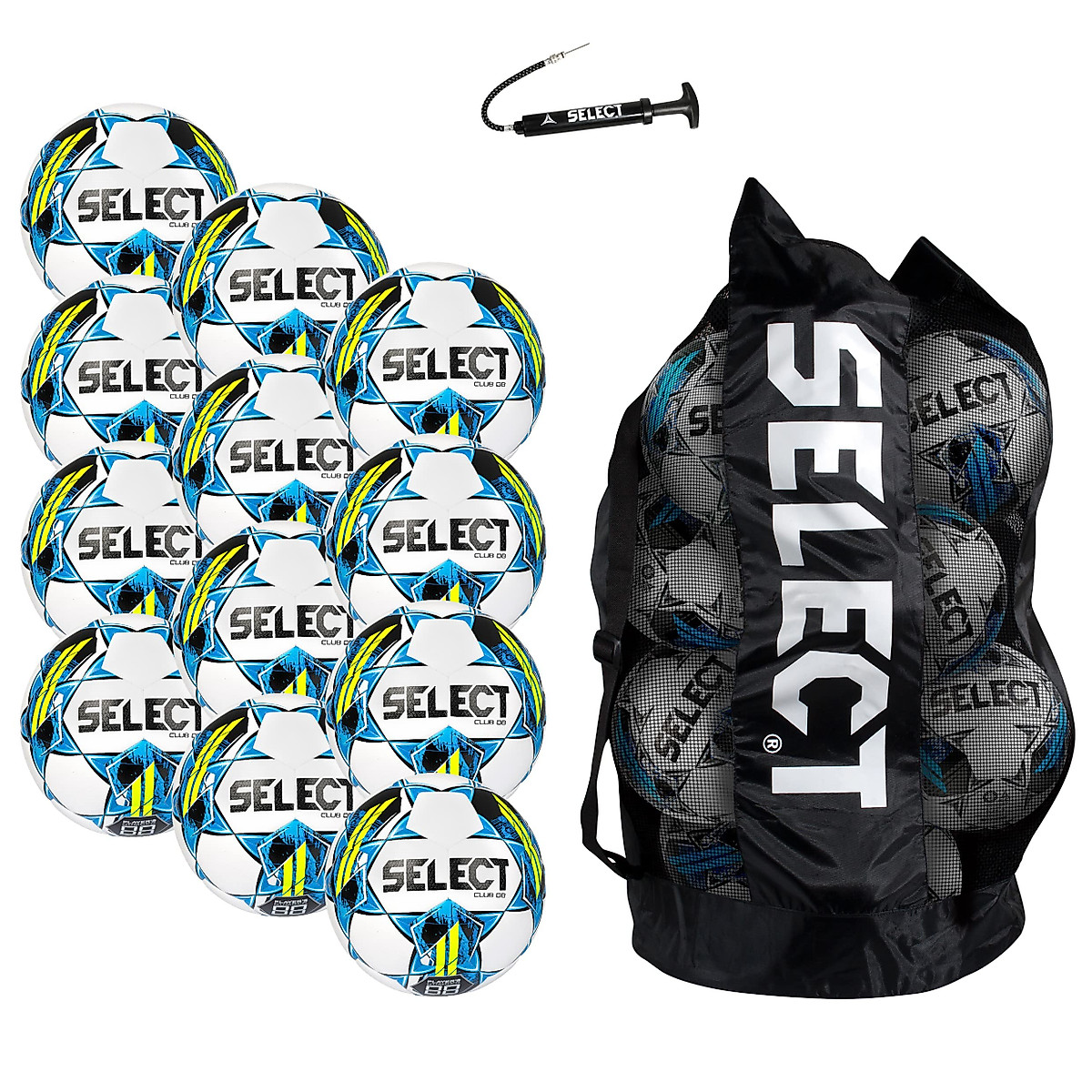 Select Club DB V22 Soccer Ball, 12-Ball Pack with Duffle Ball Bag and Hand Pump, White/Blue, Size 5