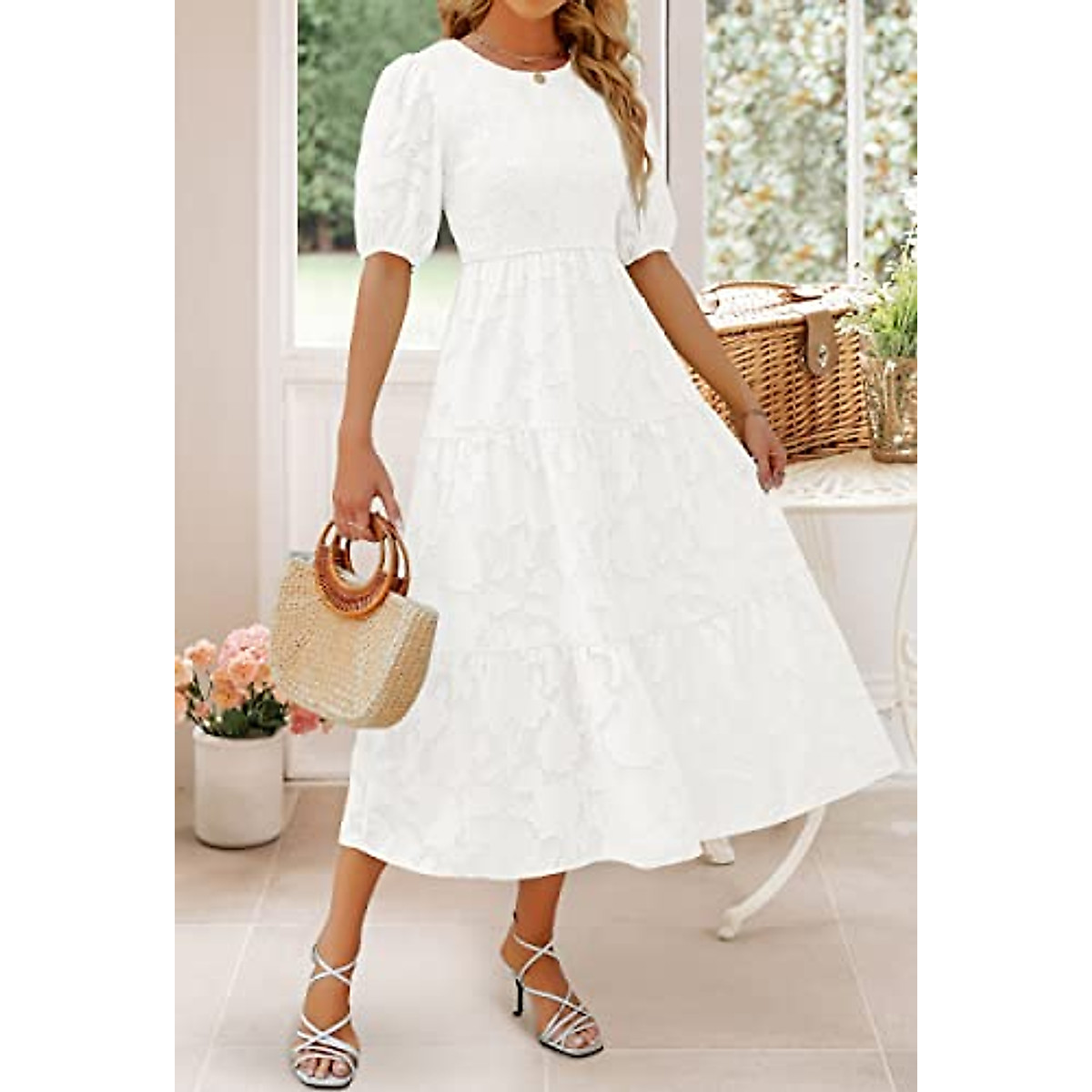 ZESICA Women's 2023 Summer Short Puff Sleeve Crewneck Smocked Floral Lace Flowy A Line Tiered Midi Dresses,White,Medium