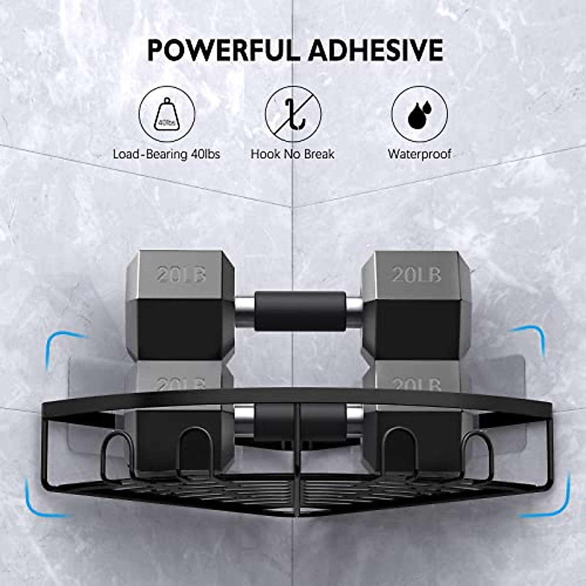 Kerisgo Corner Shower Caddy, 2 Pack Adhesive Bathroom Shower Corner Organizer Shelf, No Drilling Rustproof Wall Mounted Shower Storage Rack Shampoo Holder Organizer (Black)