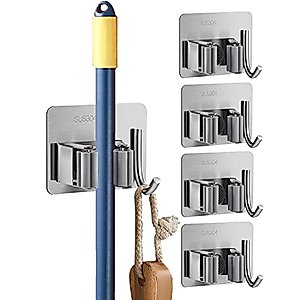 (4 PCS) Broom Holder Wall Mount self Adhesive Mop Hanger Hook Racks Brush Broom Gripper Holds 304 Stainless Steel for Bathroom Kitchen Closet Garage Garden Organizer