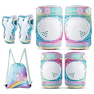 SULIFEEL Rainbow Unicorn Knee Pads for Kids Knee Elbow Pads Wrist Guards with Drawstring Bag Adjustable Protective Gear Set for Girls Boys Roller Skating Bike Scooter Gradient Colors Medium