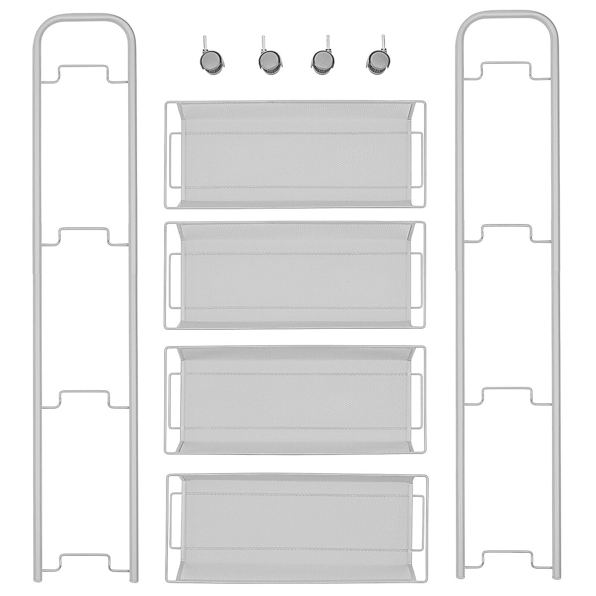 mDesign Slim Steel Metal Rolling Utility Cart Storage Organizer Trolley with 4 Basket Shelves for Laundry Room, Kitchen, Bathroom Organization - Narrow Holder for Detergent - Biro Collection, Silver