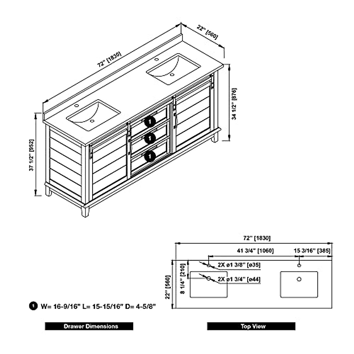 OVE Decors Edenderry 72" Double Undermount Sink Bathroom Vanity with Cultured Marble Countertop and Barn Doors, Pre-Assembled | Backsplash Included | 03 Drawers and Power Bar, 72 inches, Rustic Almond