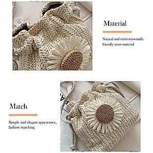 Summer Straw Coin Purses for Women Girls Cute Floral Drawstring Crossbody Bag for Beach Vacation(White)