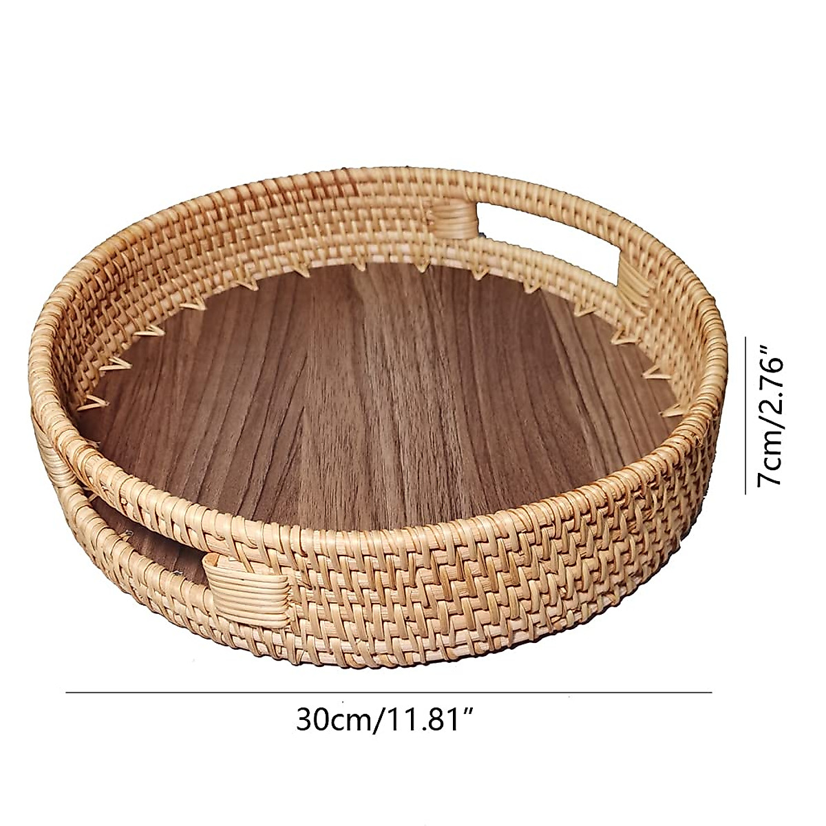 Round Rattan Woven Serving Tray with Handles and Wooden Base, 10.5”Wicker Decorative Basket with 2”Wall for Fruit Serving, Vanity Organizer, Coffee Table Tray, Kitchen Storage Display, Exxacttorch