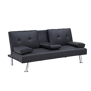 LIADTOP 67" Multifunctional Sofa 2 Cup Holders,Leather Loveseat Sleeper with Removable Armrests,Convertible Folding Couches Bed for Small Spaces,Black