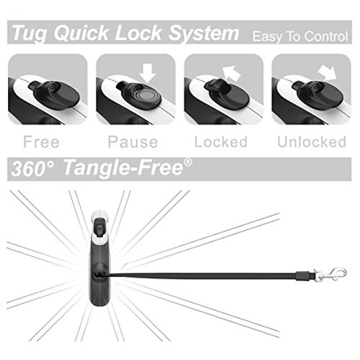 TUG 360° Tangle-Free Retractable Dog Leash | 16 ft Strong Nylon Tape | One-Handed Brake, Pause, Lock (Medium, White)