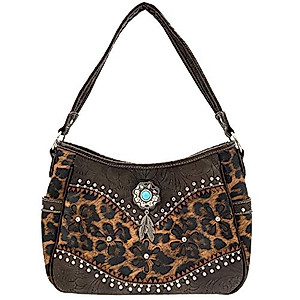 Leopard Animal Print Concealed Carry Feather Concho Country Vintage Western Handbag Hobo Purse (Leopard Brown)