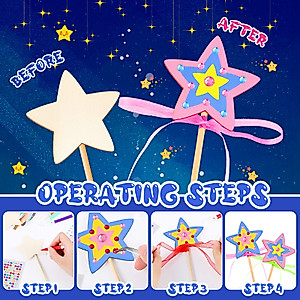 57 Pcs Star Princess Fairy Wands Kit Make Your Own Princess Wand DIY Art Craft Magical Wand Include 18 Star Wooden Fairy Wands 9 Gem Stickers 20 Ribbons 10 Markers Party Supply