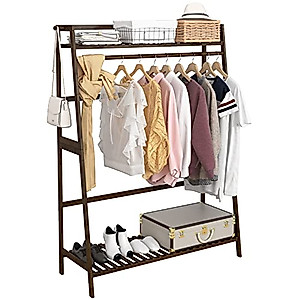 UDEAR Bamboo Clothing Rack with Shelves,Freestanding Garment Rack,Hanging Clothes Rack for Bedroom,Large（Brown）