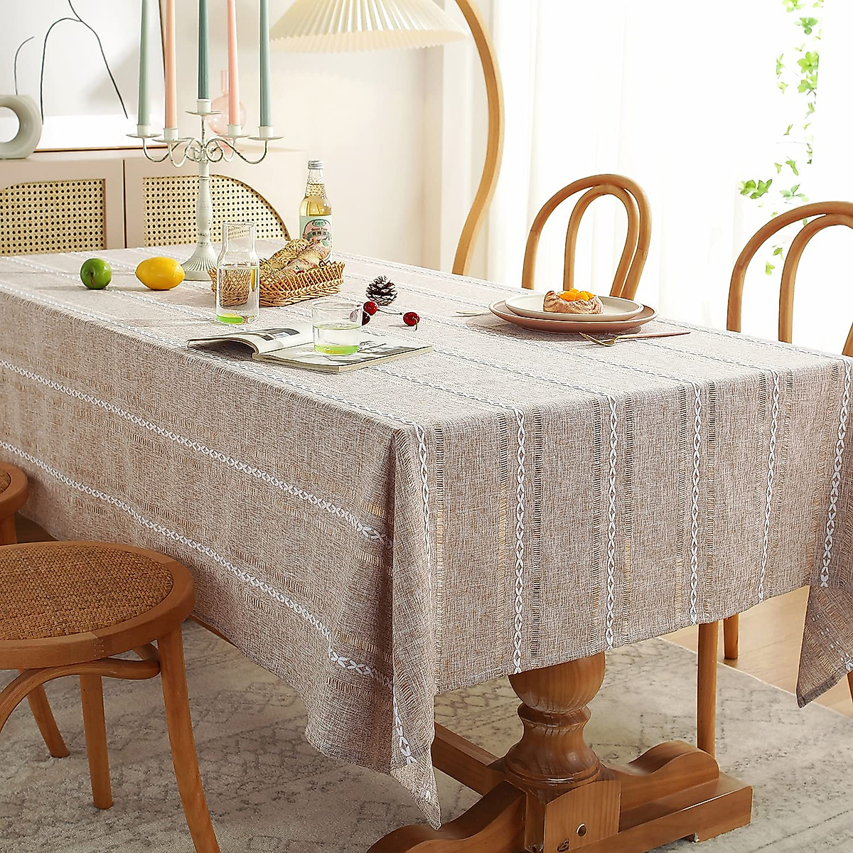 Chassic 60 x 120 inches Farmhouse Style Linen tablecloths, Wrinkle Resistant Washable Dining Room Table Cloths for 8 Foot Rectangle Tables - Hemstitch Light Coffee