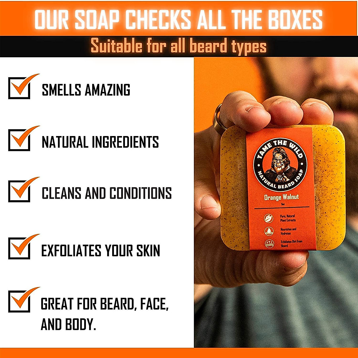 Tame the Wild Orange Walnut Beard Soap - Natural Beard Wash - Beard Shampoo & Conditioner - Mens Exfoliating Face & Body Scrub - Made of Shea Butter & Coconut Oil - 1 5oz Bar - Father's Day Gift