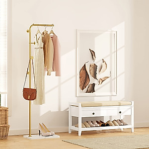 HOMEFORT Metal Coat Rack, Modern Coat Tree with 3 Hooks, L Shaped Coat Hanger Stand, Freestanding Coat Rack for Entryway and Corner, Gold