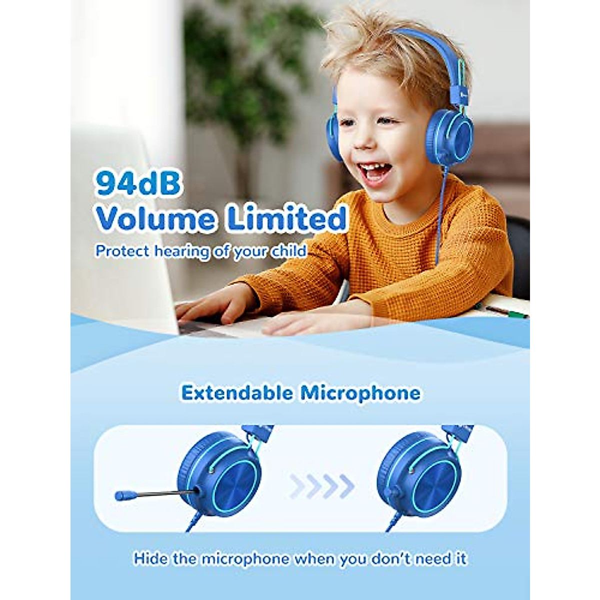 iClever HS21 Kids Headphones with Microphone for Virtual School- Rotatable Extendable Mic - 94 dB Volume-Safe Headphones for Kids, Wired Foldable Kids Gaming Headset for PS4/Xbox One/Switch/PC/Tablet