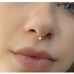 Non Piercing White Opal faux Septum Ring - Sterling Silver False Septum Hoop Piercing - Clip on Septum Nose ring