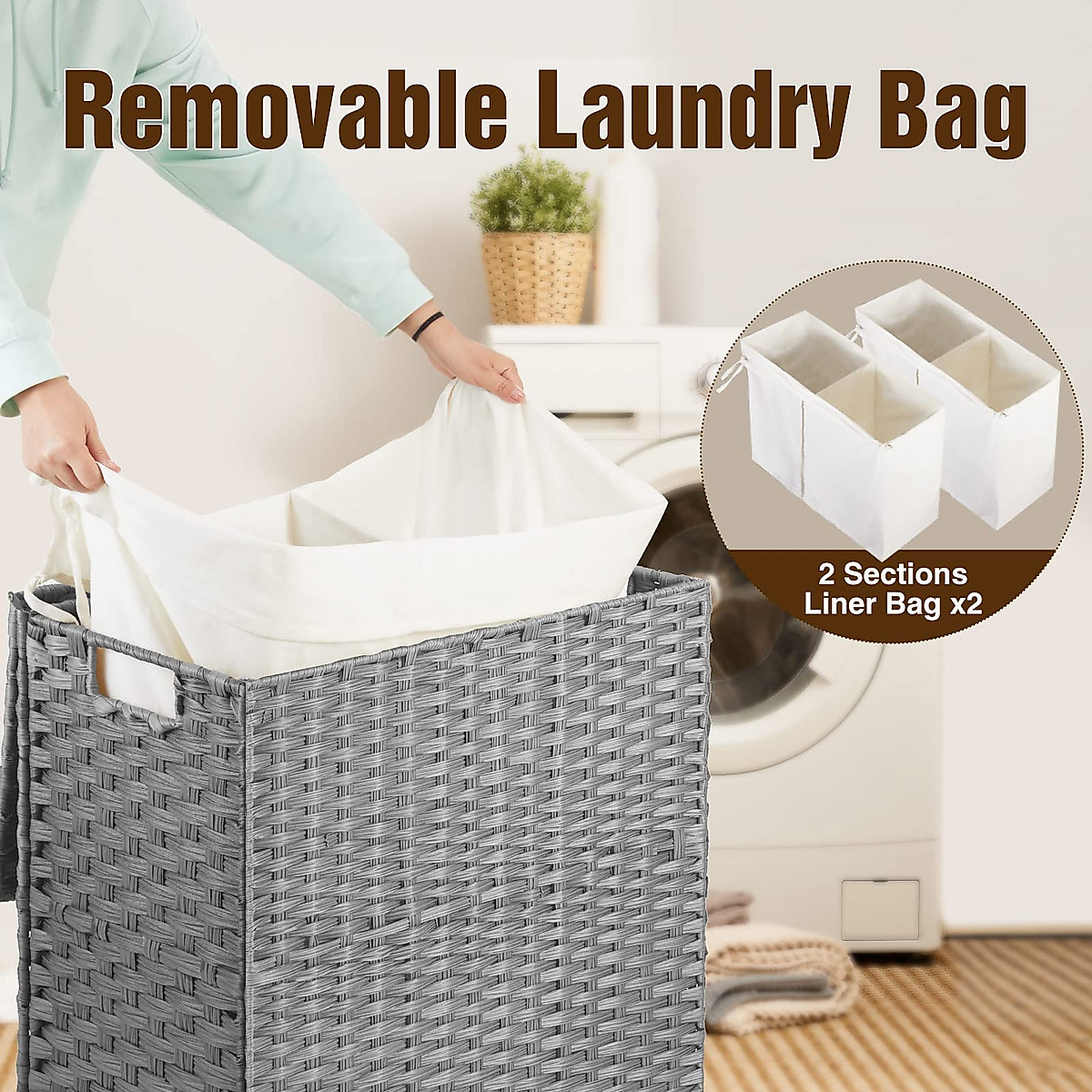 Greenstell Laundry Hamper with Wheels, No Install Needed, 110L Divided Handwoven Hampers & 2 Removable Liner Bags, Rattan Clothes Laundry Basket with Lid & Handles, Foldable Hampers Gray 22x13x26.4 In