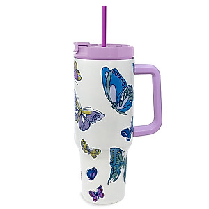 Vera Bradley 40 Ounce Tumbler with Handle and Straw, Double Wall Stainless Steel Insulated Tumbler, Cupholder Friendly 40 oz Cup, Metal Tumbler for Hot or Cold Drinks (Wing Study)