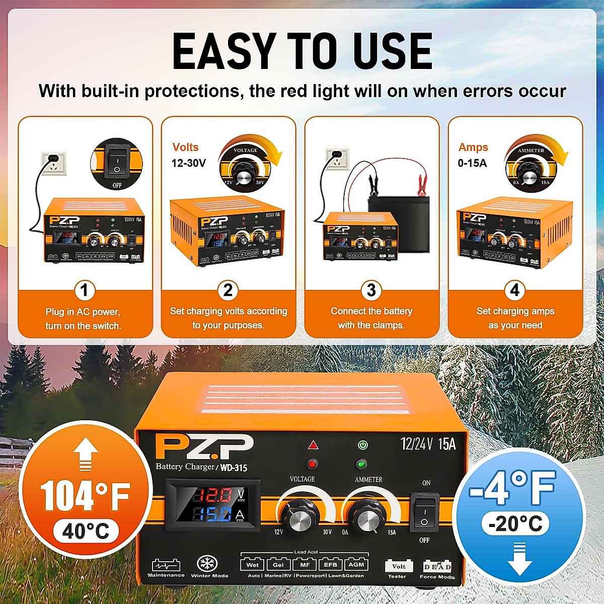 12V 24V Manual Battery Charger Maintainer, 0 to 15A Arbitrarily Adjustable Car Battery Trickle Charger, Battery Desulfator with Repair, Winter Mode, Suitable for AGM Gel Deep Cycle Truck RV ATV