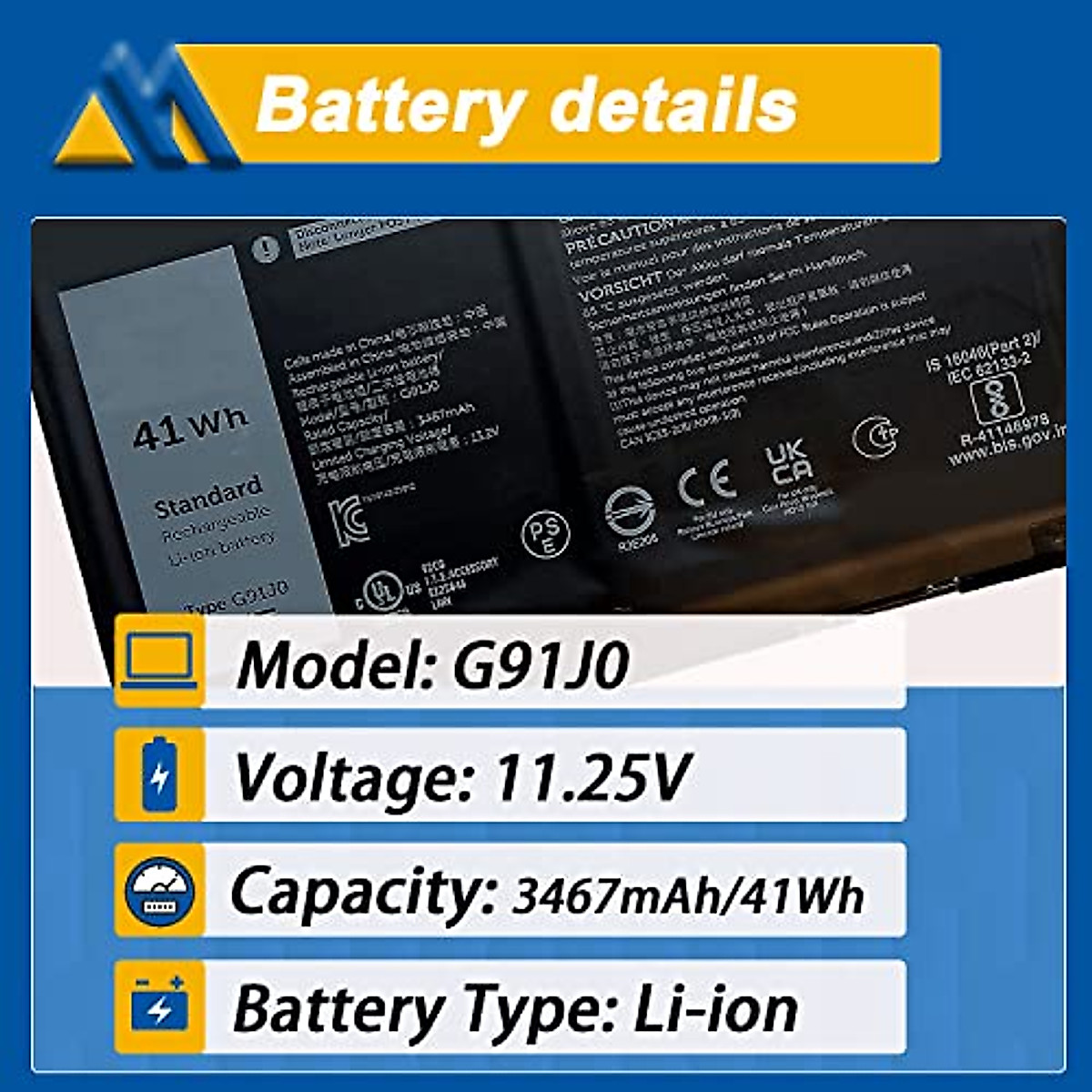 Mobik G91J0 41Wh Battery Replacement for Dell Latitude 3320 3330 3420 3520 Inspiron 3510 3511 3515 3525 3530 5310 5410 5418 5510 5515 5518 14 Plus 7420 7415 2-in-1 Vostro 5620 5625 V6W33 TN70C 11.25V