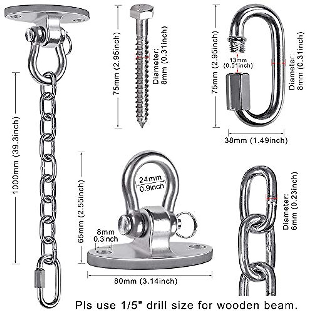 Dolibest Hanging Kits Hammock Chair Hardware, Heavy Duty Swing Hanger and 39.37"/3.28ft Chain for Indoor Outdoor Playground Hanging Chair Hammock Chair Punching Bags, 2 Screws, 1000 LB Capacity