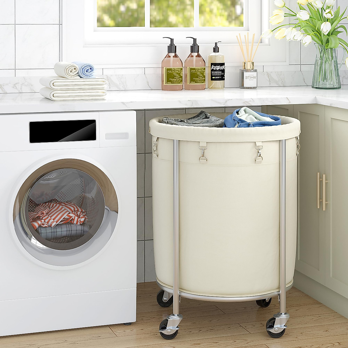 ELYKEN Laundry Basket with Wheels, 170L Rolling Laundry Hamper with Removable Bag and Steel Frame, Round Laundry Cart with 4 Casters and 2 Brakes, Ideal for Bedroom, Bathroom, Laundry Room, Cream