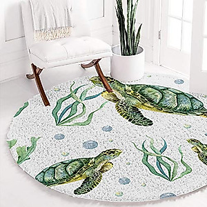 Ultra Soft Round Area Rug 4ft, Ocean Turtles, Fluffy Shag Absorbent Water Circle Rugs Runners for Living/Dining Room/Bedroom, Green Seagrass, Non Slip Round Floor Carpet Nursery Rug, Modern Home Decor
