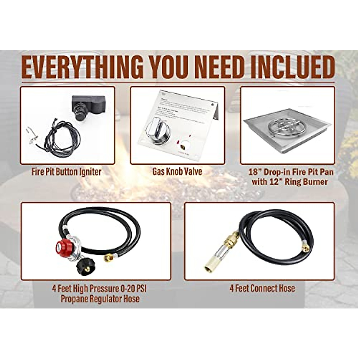 Uniflasy 18 Inch Square Drop-in Fire Pit Pan with 12" Round Burner Ring, 165k BTU Stainless Steel Fire Pit Pan with Spark Ignition and Propane Hose Kit for Indoor or Outdoor Fire Table/Fire Pit