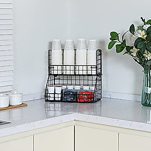 Stackable Cup Lid Dispenser and Coffee Condiment Organizer with 2 Removable Dividers, Wall Mount&Metal Wire Basket Storage for Coffee Tea Bag Snack,Stand Rack Holder for Breakroom Office