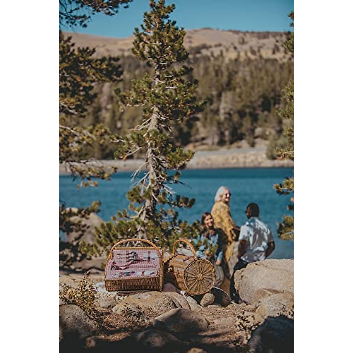 PICNIC TIME - Barrel Wicker Picnic Basket for 2 - Picnic Set - Wine Picnic Basket, (Red & White Gingham Pattern)