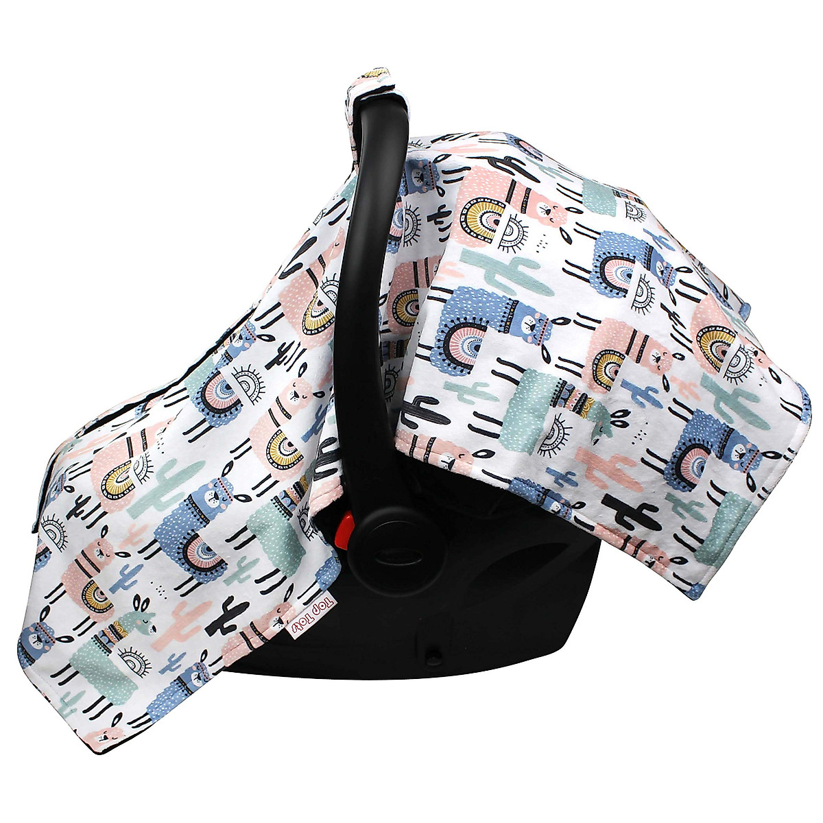 Baby Car Seat Canopy Cover - Emperor Llamas with Black Minky Dot
