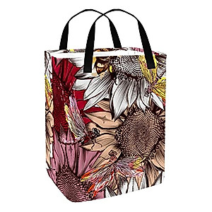 Dragonflies and Bee on Sunflower Print Collapsible Laundry Hamper, 60L Waterproof Laundry Baskets Washing Bin Clothes Toys Storage for Dorm Bathroom Bedroom