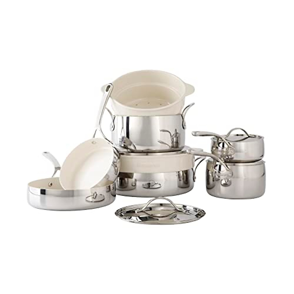 Bloomhouse - Oprah's Favorite Things - 12 Piece Triply Stainless Steel Pots and Pans Cookware Set w/Non-Stick Non-Toxic Ceramic Interior, Ceramic Steamer Inserts, & 12 Protective Care Bags